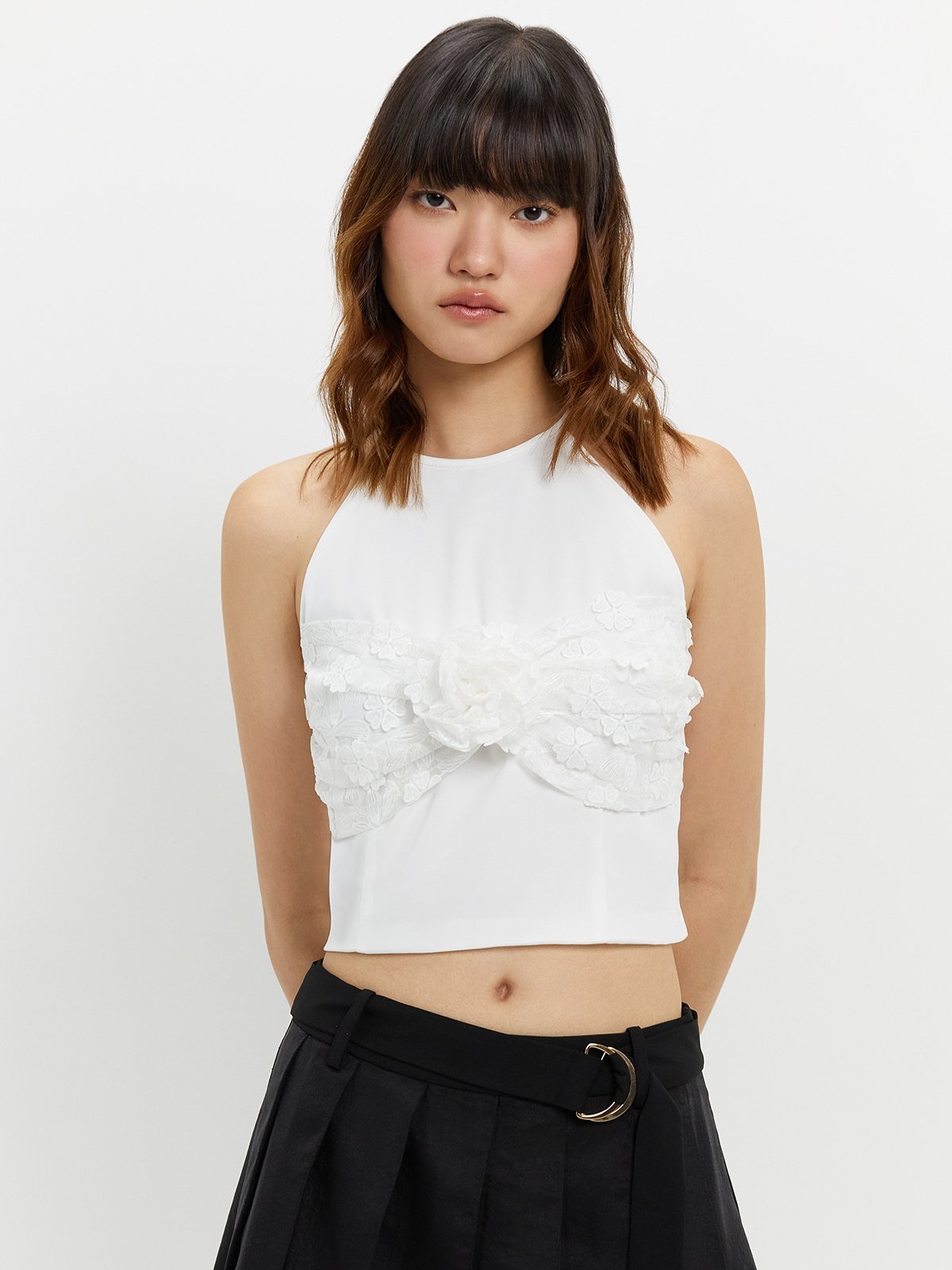 Layered Halter Rose Top - White - Pomelo Fashion