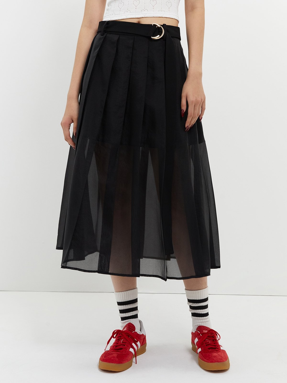 pomelo Pomelo Pleated Layered Skirt with Belt - Black Deals | Clothing