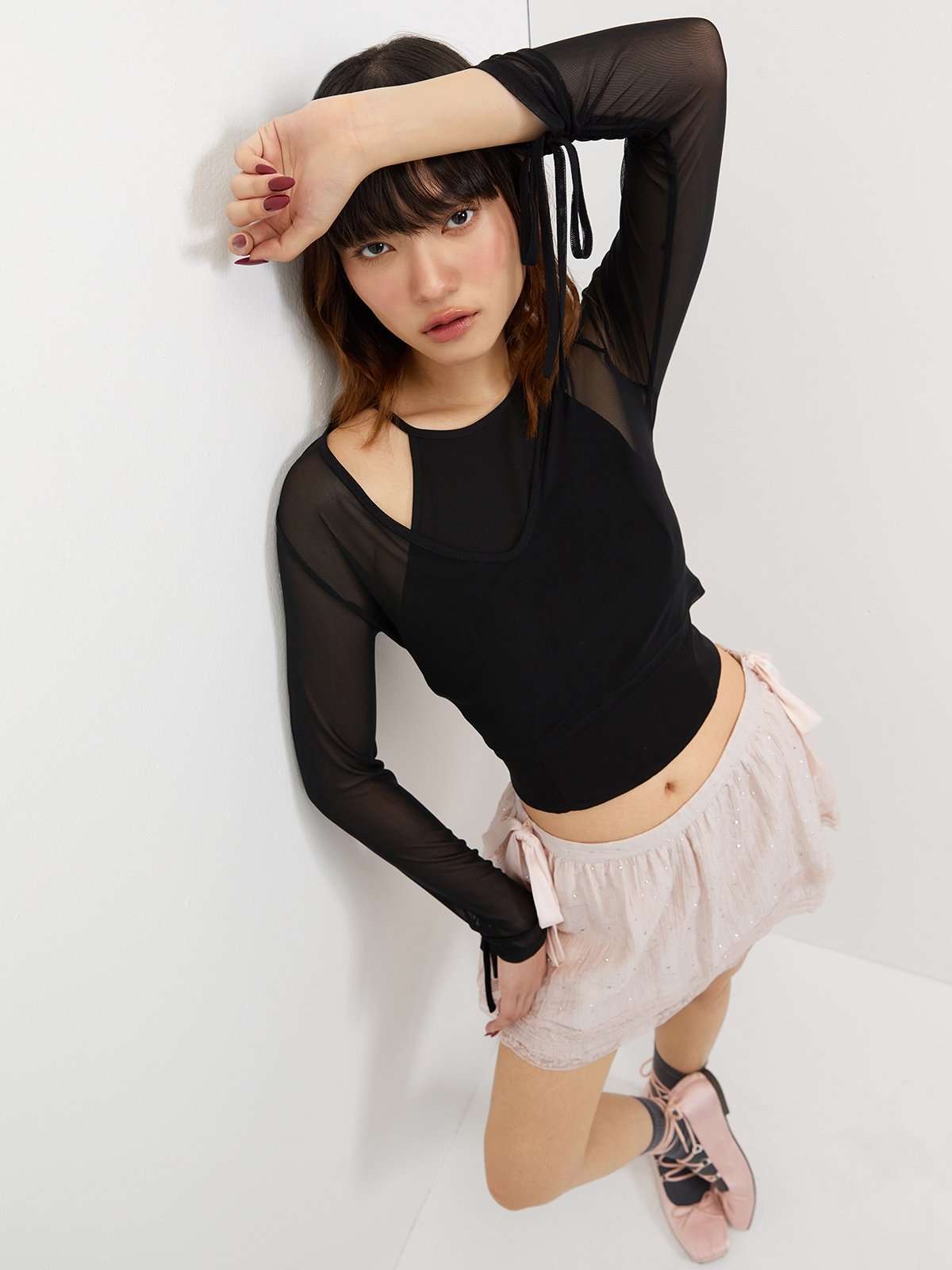 Layered Sheer Crop Top - Black - Pomelo Fashion