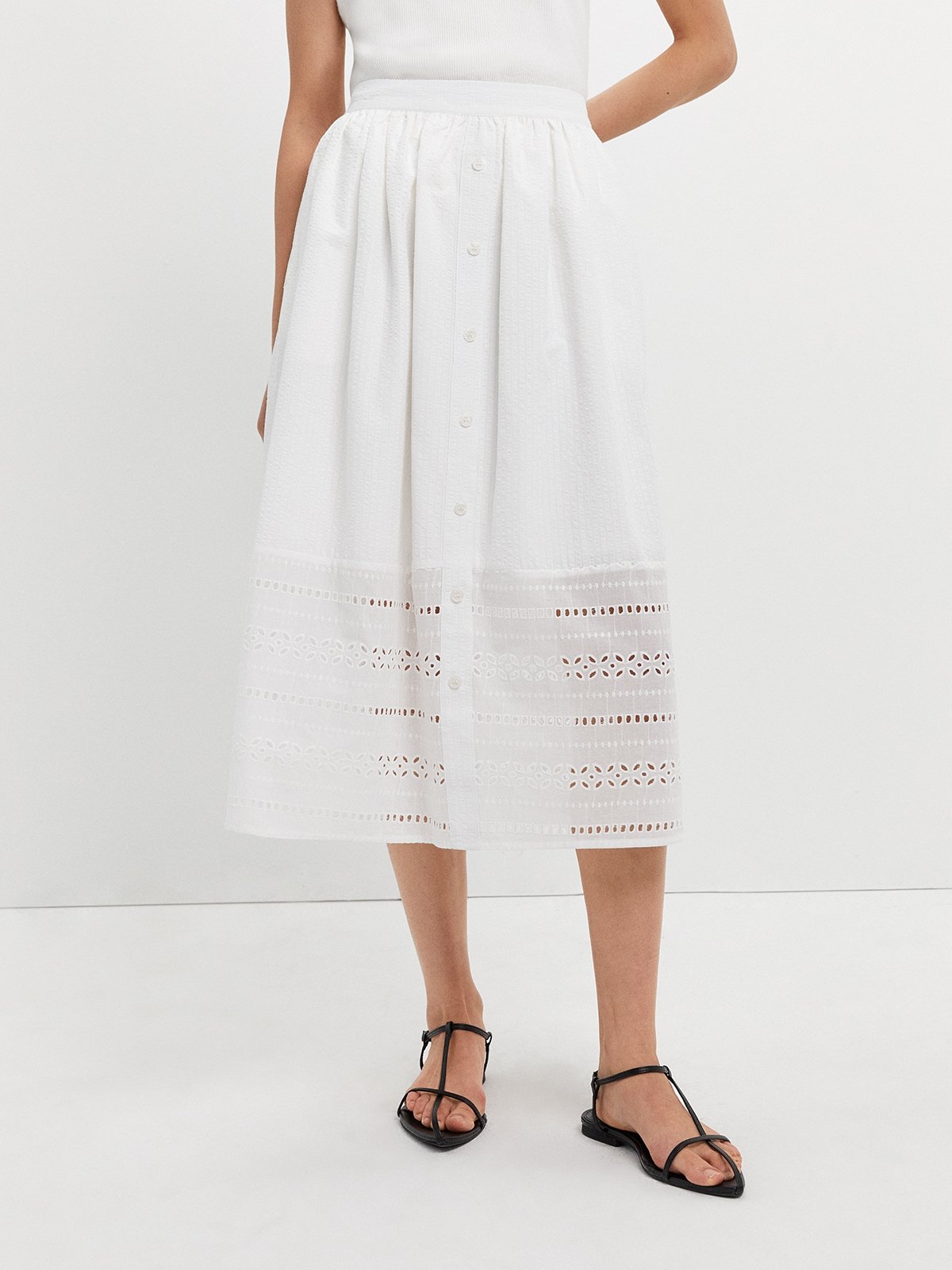 Eyelet Trim Button Skirt - White - Pomelo Fashion