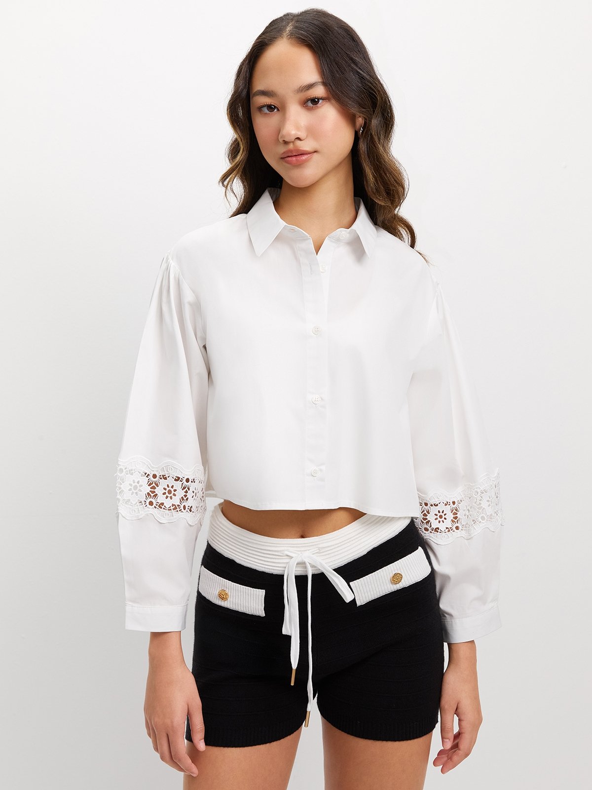 Lace Panel Crop Top - White - Pomelo Fashion