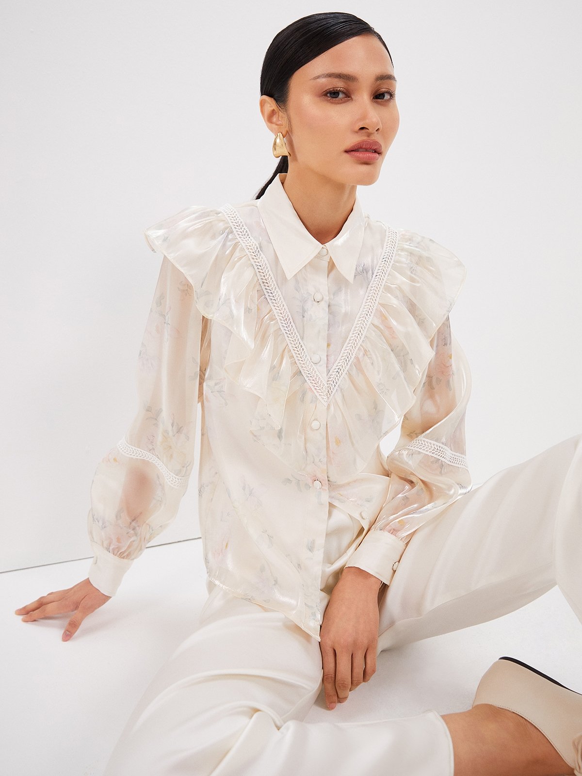 Floral Print Ruffle Blouse - Multi - Pomelo Fashion