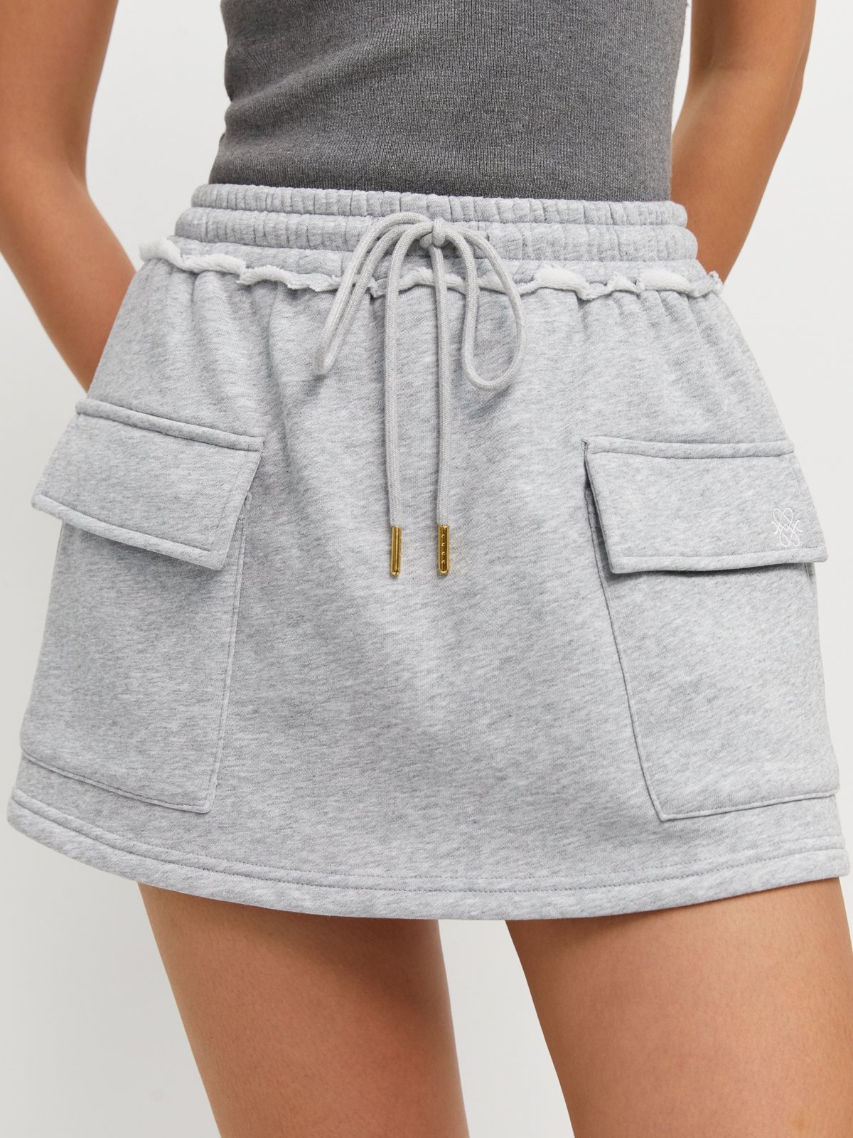 Drawstring Side Pockets Skirt - Grey - Pomelo Fashion