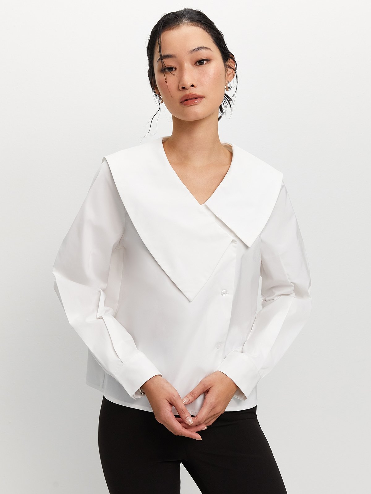 Asymmetric Collar Top - White - Pomelo Fashion