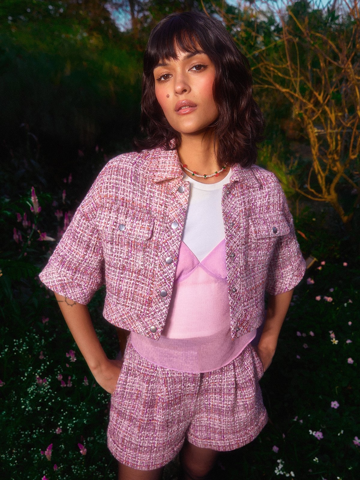 Cropped Tweed Jacket - Pink - Pomelo Fashion