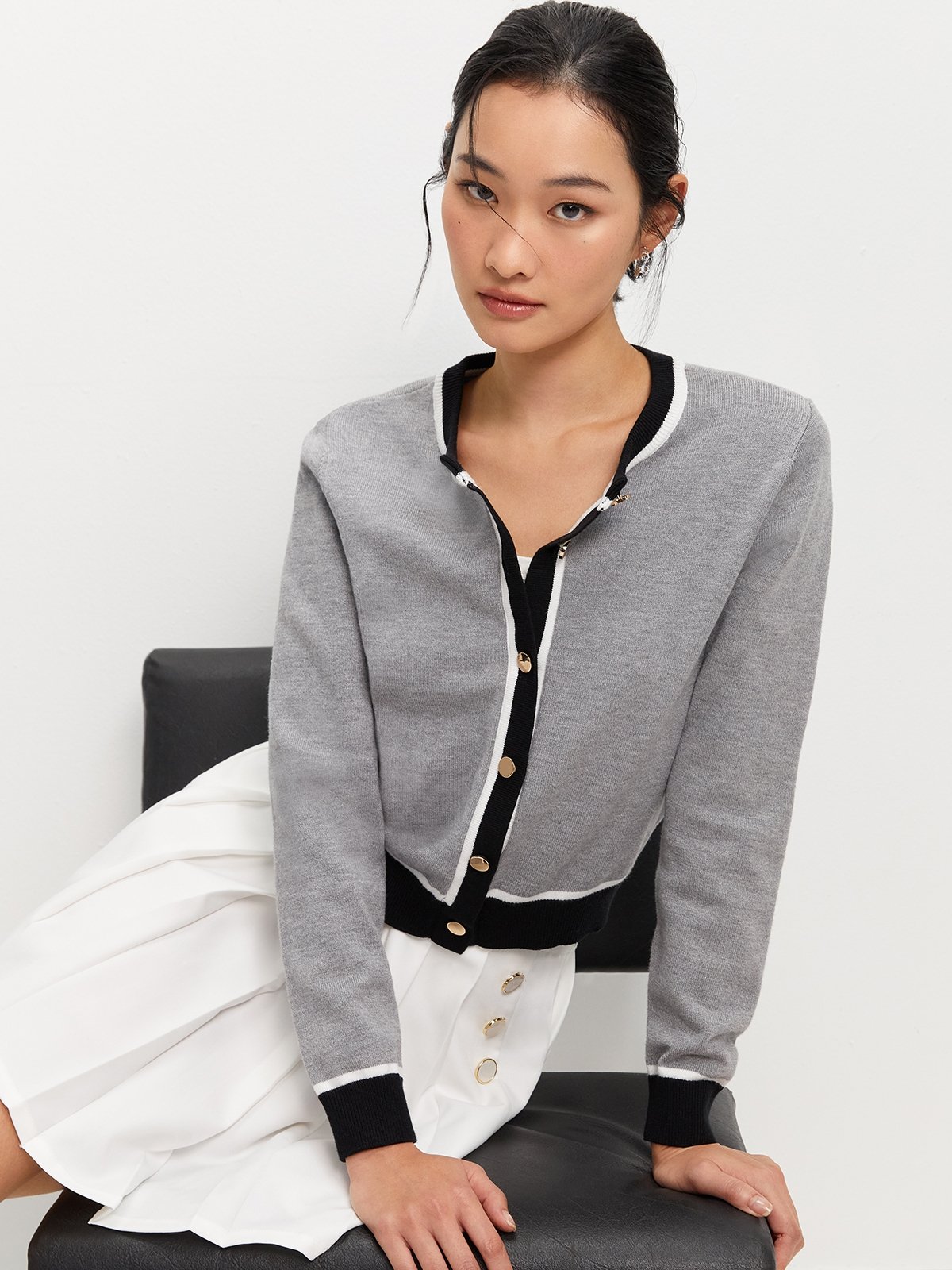 Contrast Trim Cardigan - Grey - Pomelo Fashion