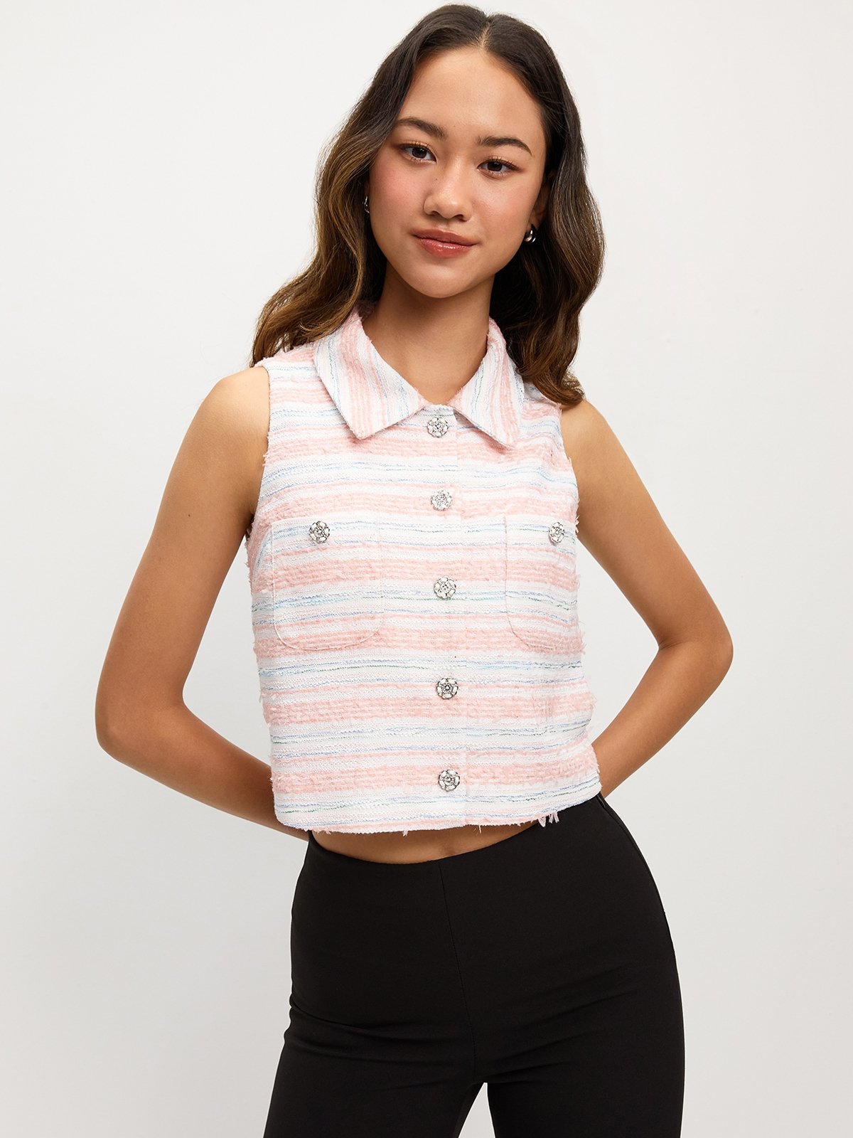 Stripe Tweed Vest - Light Pink - Pomelo Fashion
