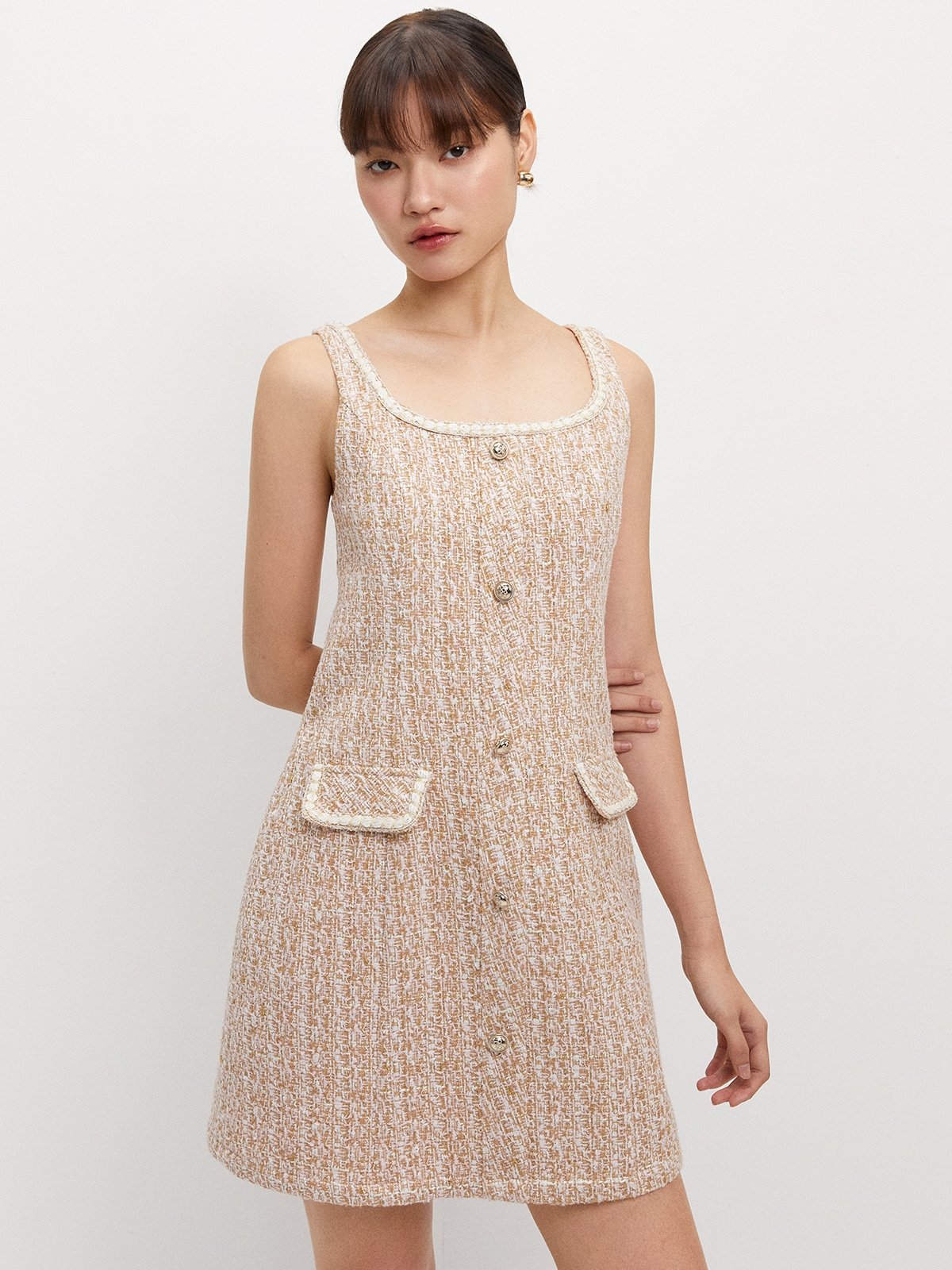 Tweed Button Dress - Pink - Pomelo Fashion