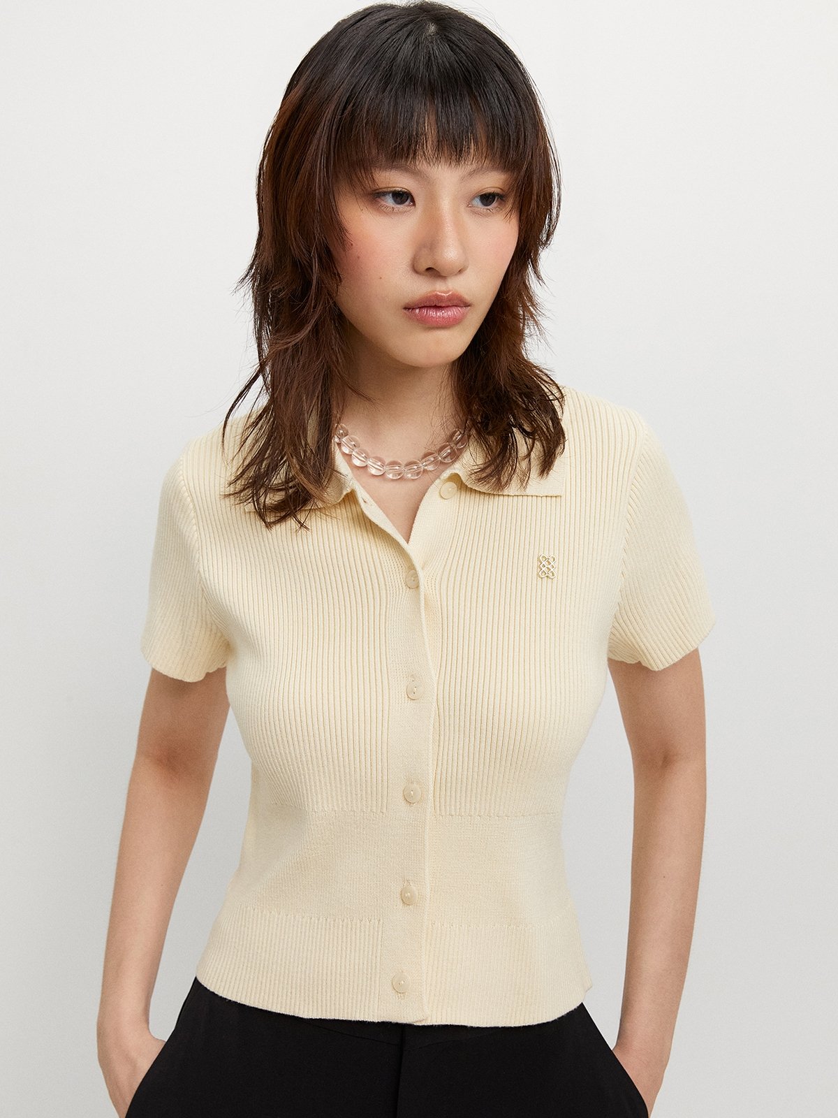 Embroidered Logo Knit Polo Top - Ivory - Pomelo Fashion