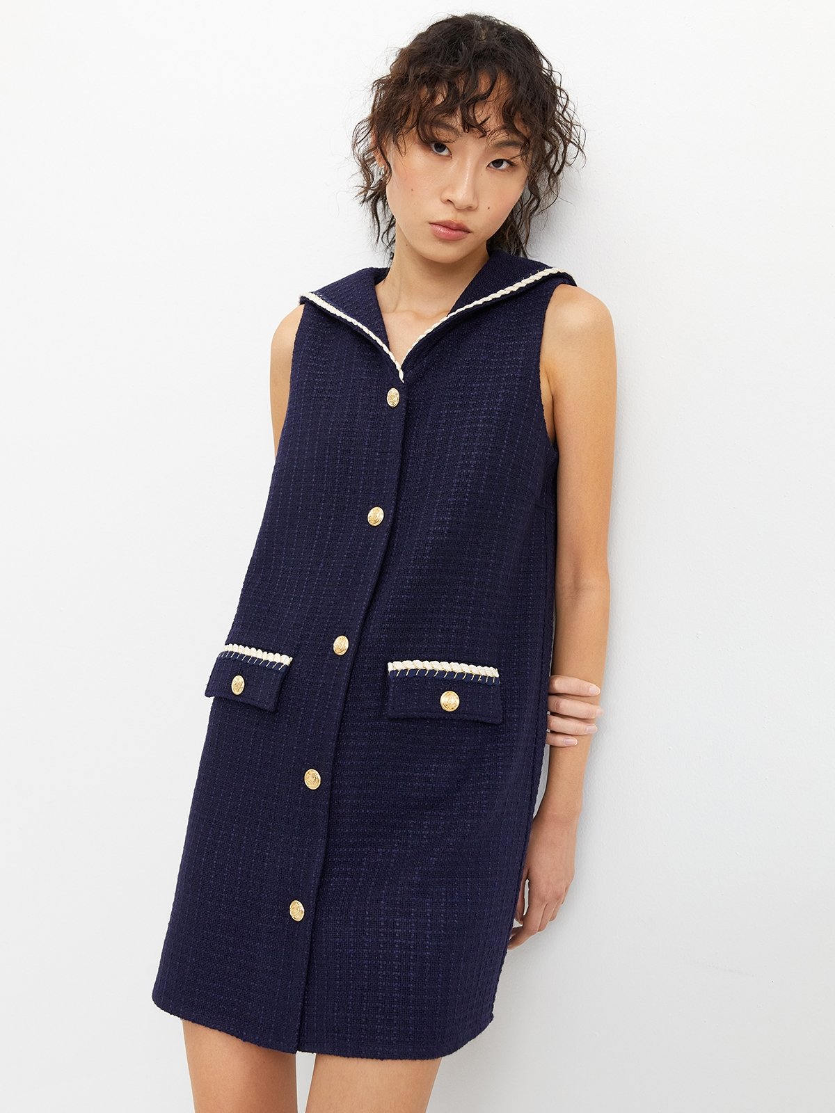 Buttoned Tweed Dress - Navy - Pomelo Fashion