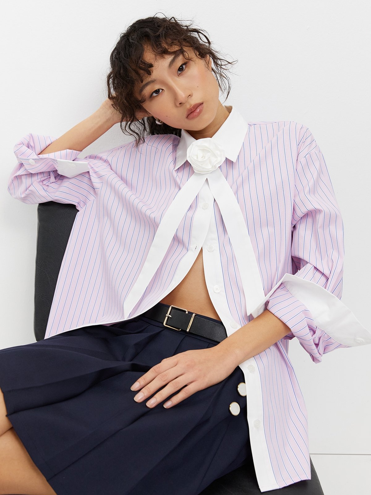 Striped Rose Shirt - Pink - Pomelo Fashion