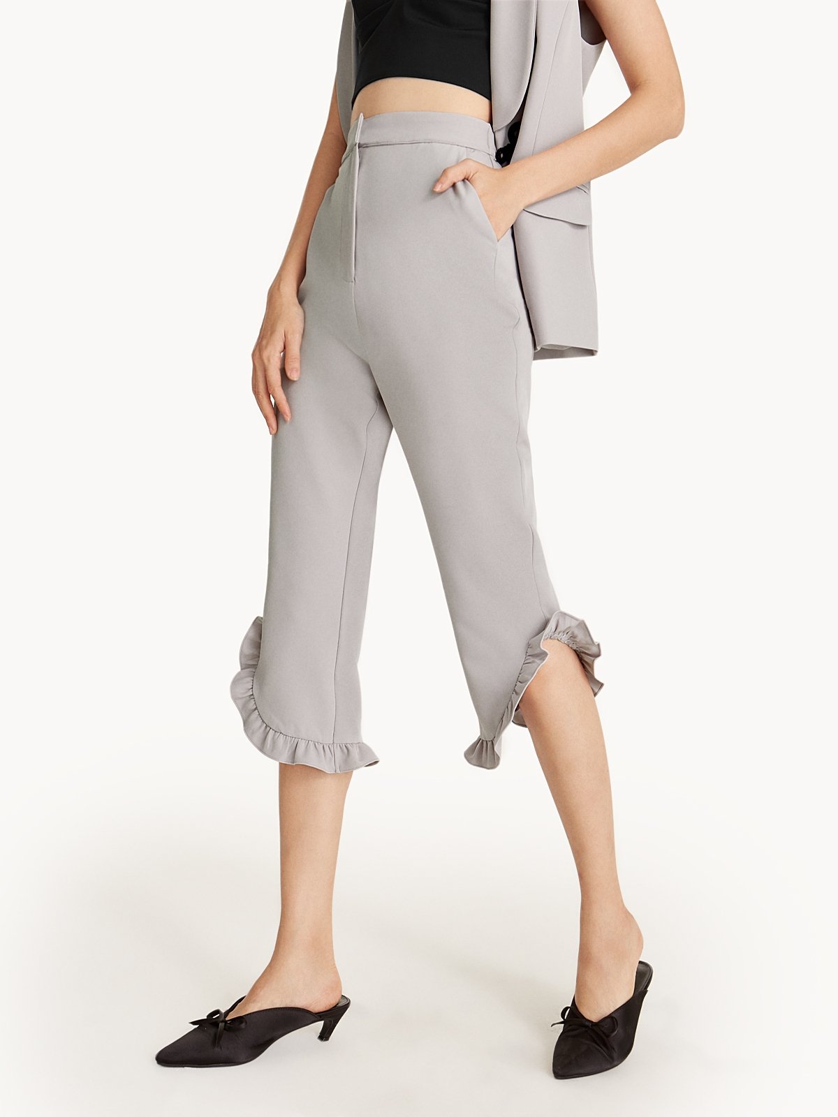Cropped Frill Trim Pants - Gray - Pomelo Fashion