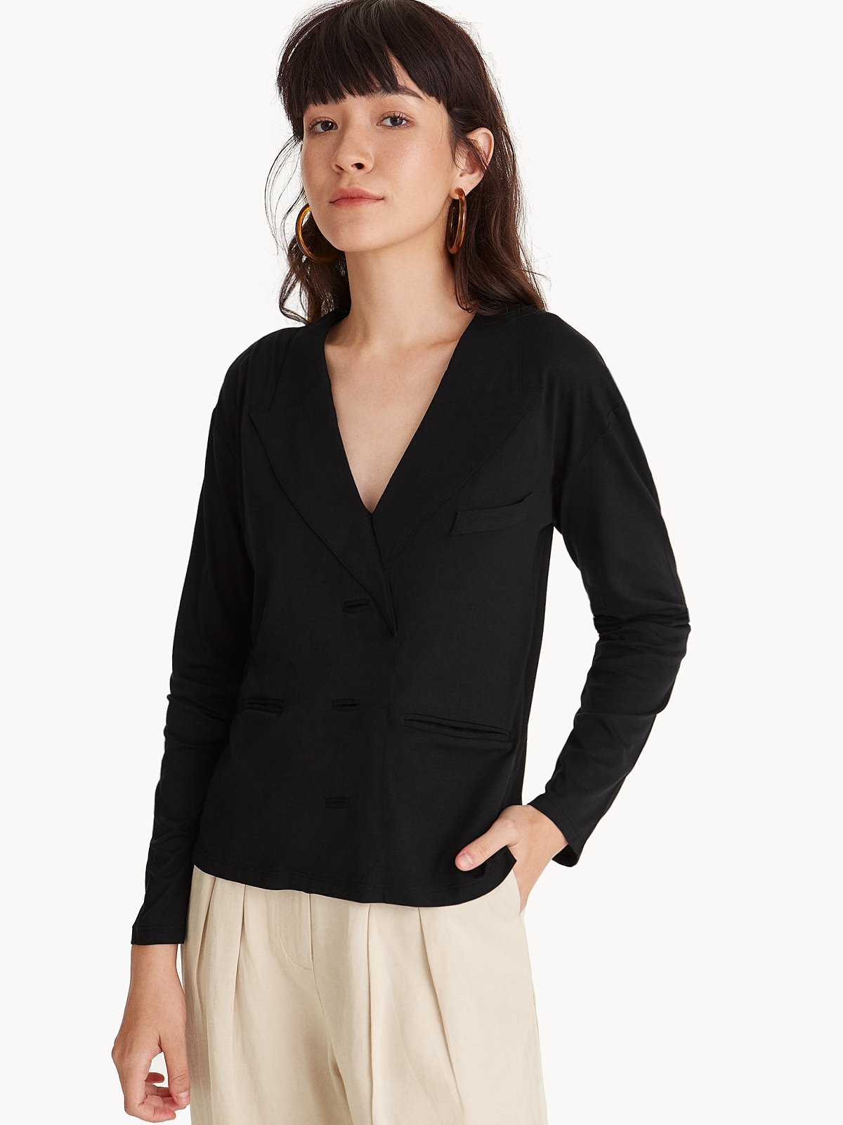 Premium Cotton V-Neck Front Pocket Blouse - Pomelo Fashion