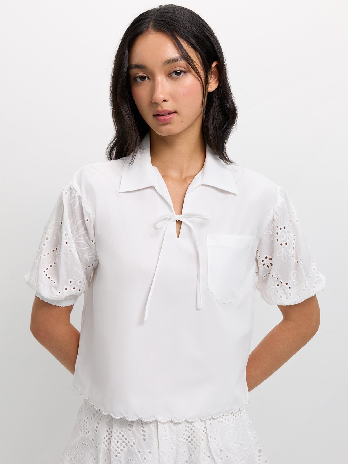 Eyelet Sleeve Top - White - Pomelo Fashion