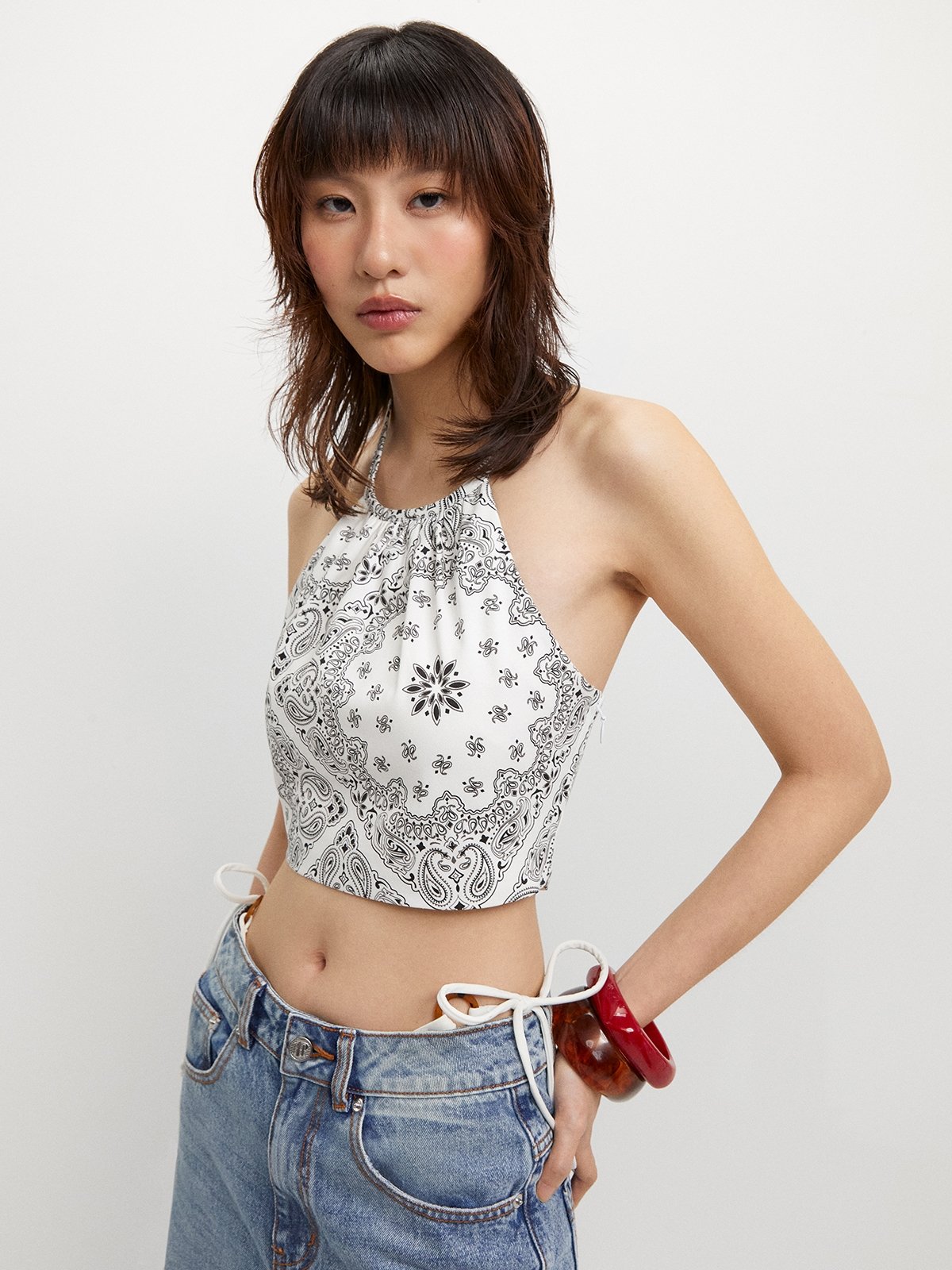 Paisley Crop Top - White - Pomelo Fashion
