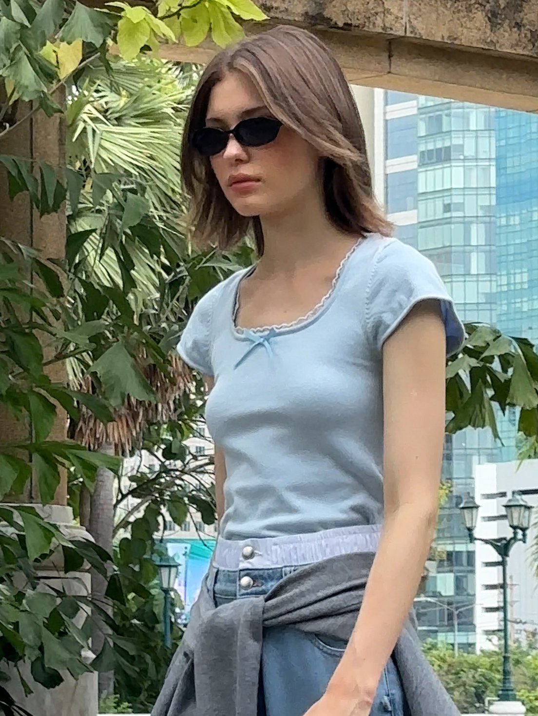 pomelo Pomelo Bow Detail Lace Hem Blouse - Baby Blue Cheap Sale | Clothing